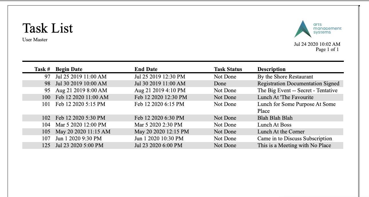 Task List Report | Arts Management Systems