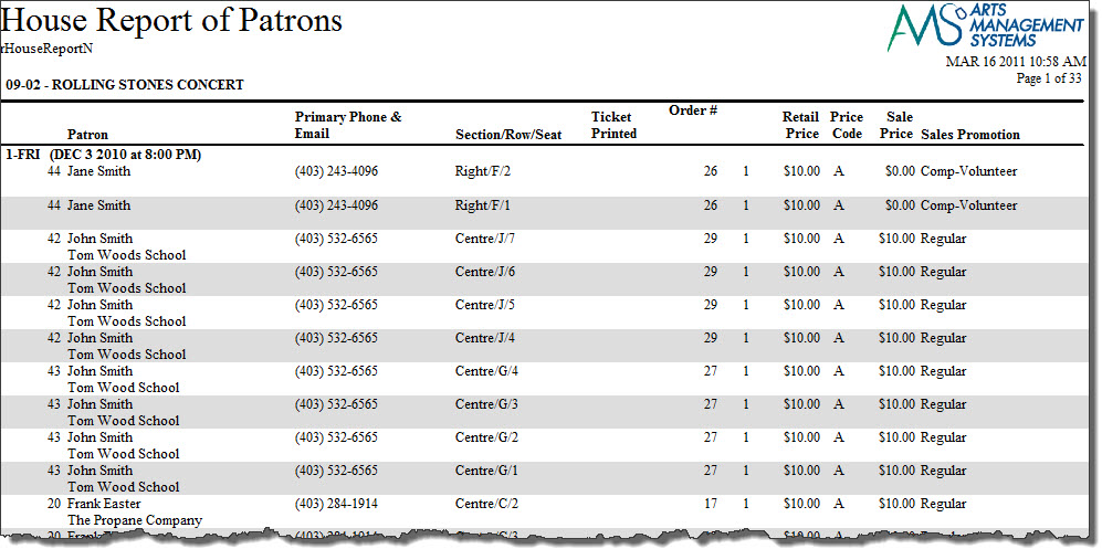 House Report - By Ticket (With Notes) | Arts Management Systems