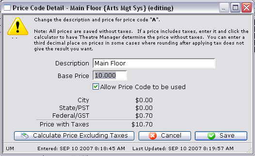 Editing Price Codes | Arts Management Systems